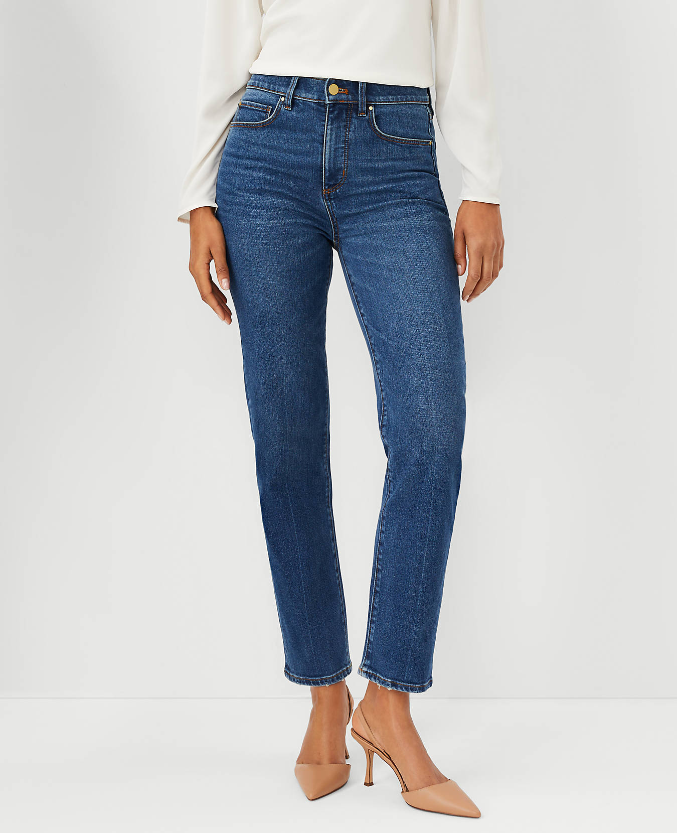 Sculpting Pocket High Rise Straight Jeans In Classic Mid Wash - Dressed ...